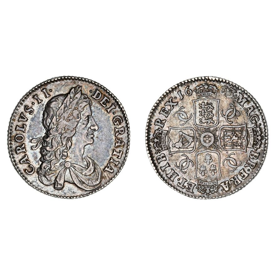 Charles II (1660-1685), Shilling, 1663, A over G, first laureate and ...