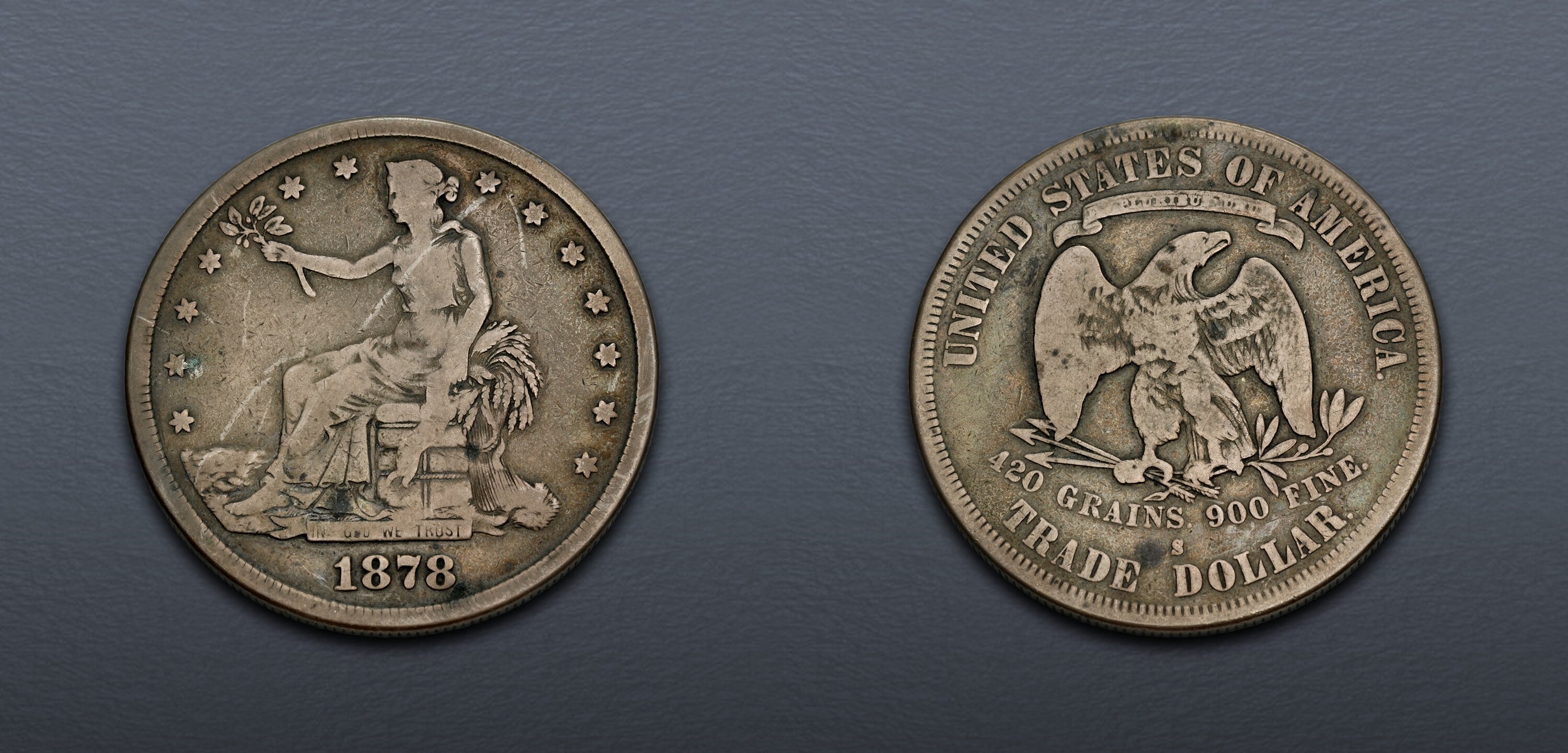 1878-S Trade Dollar. VG. Toned, a few shallow scratches, minor deposits ...