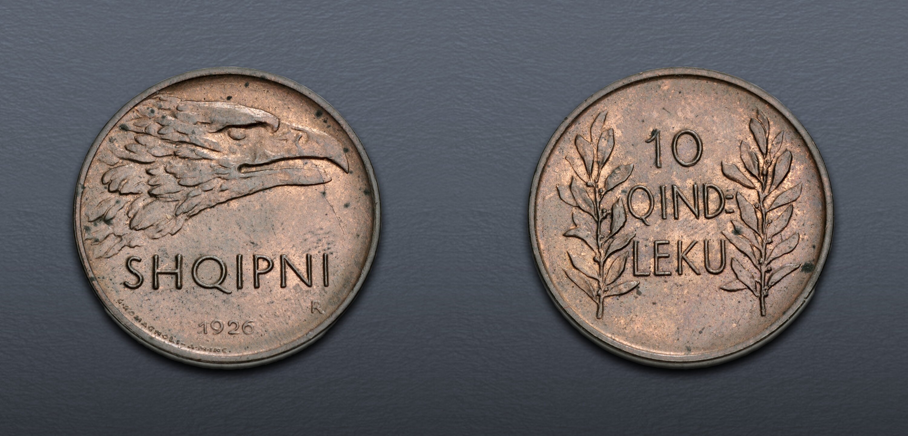ALBANIA, Republic of Albania. 1925-1928. CU 10 Qindar Leku (21mm, 4.59 g, 6h). Rome mint. Dated ...