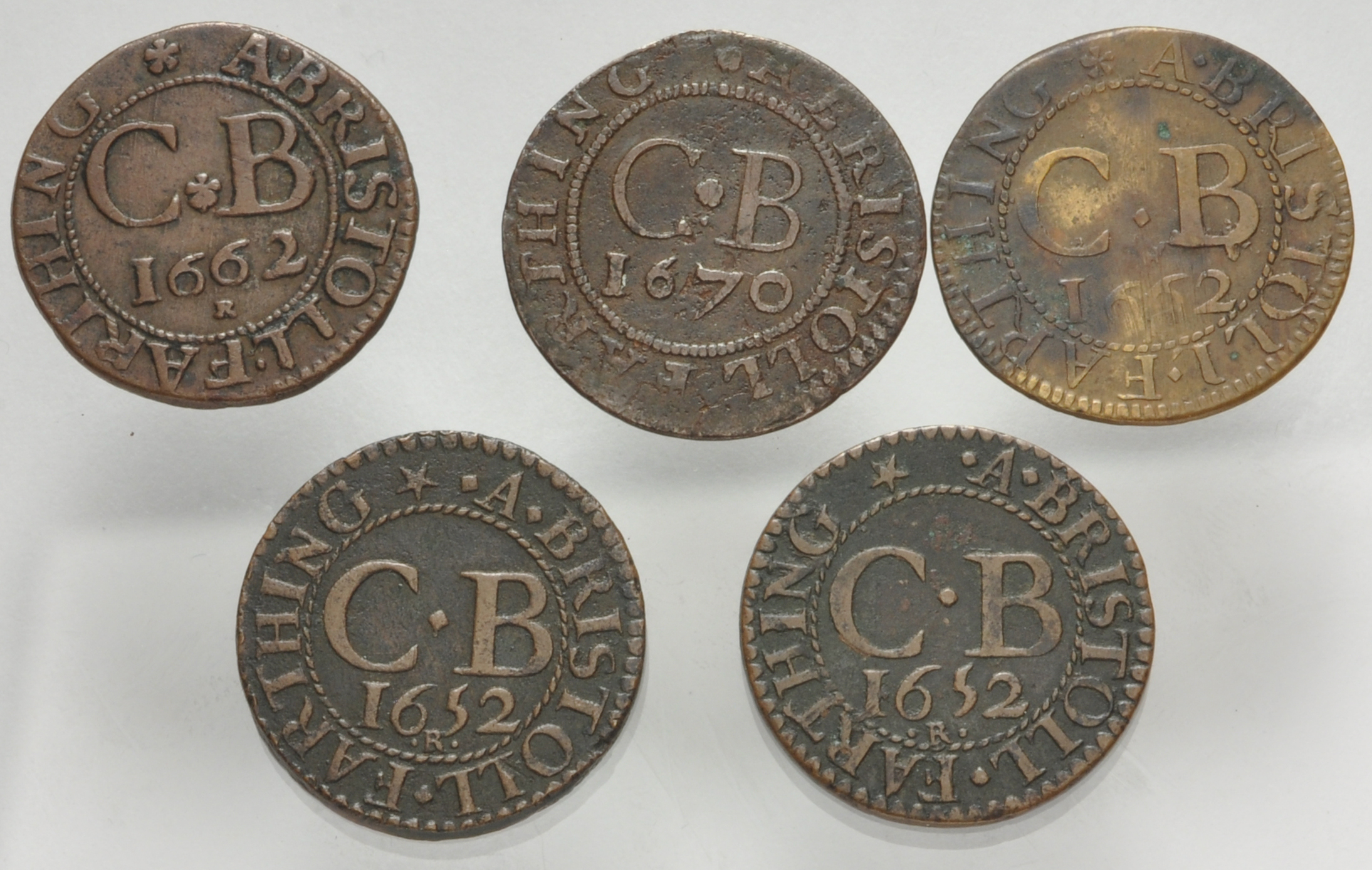 BRITISH. Miscellaneous. Lot of five (5) Æ Tokens of Gloucestershire ...