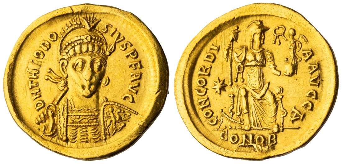 Roman Empire, Theodosius II (AD 402-450), AV Solidus, D N THEODO-SIVS P ...