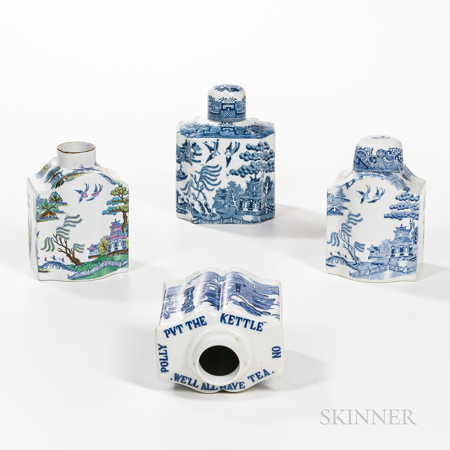 Four Blue Transfer Standard Willow Pattern Tea Canisters | Barnebys