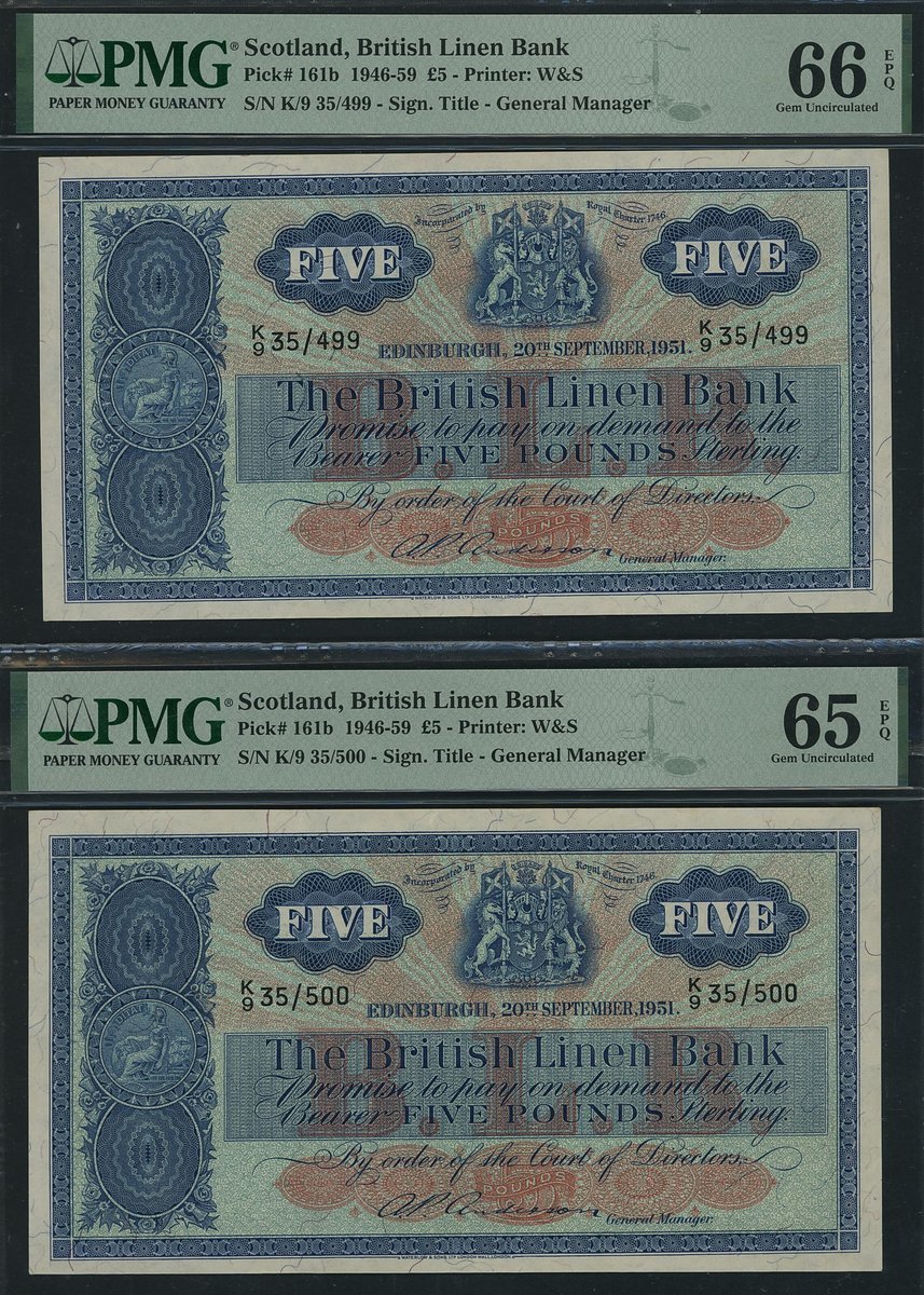 British Linen Bank, Scotland, [2 notes] £5, 20th September 1951 ...