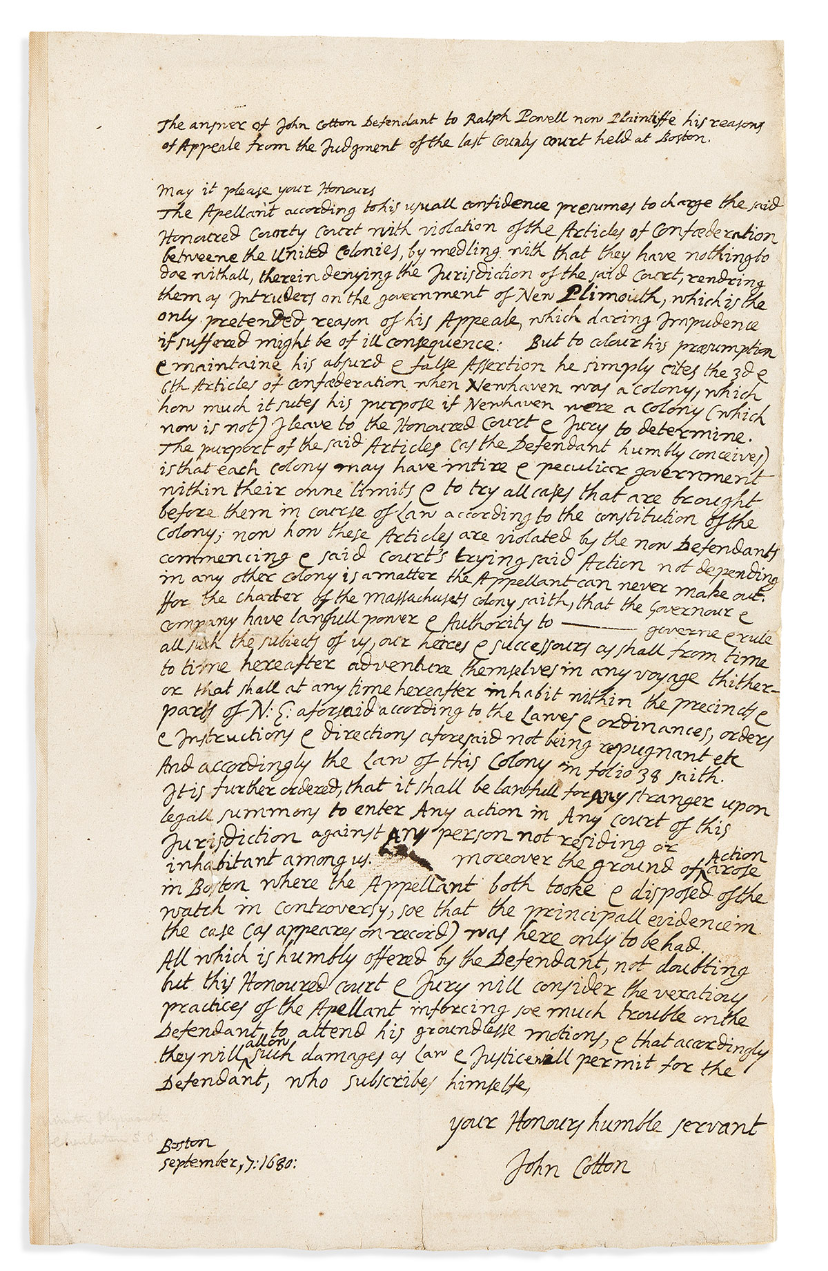 COTTON, JOHN; JR. Autograph Document Signed, his brief against the ...