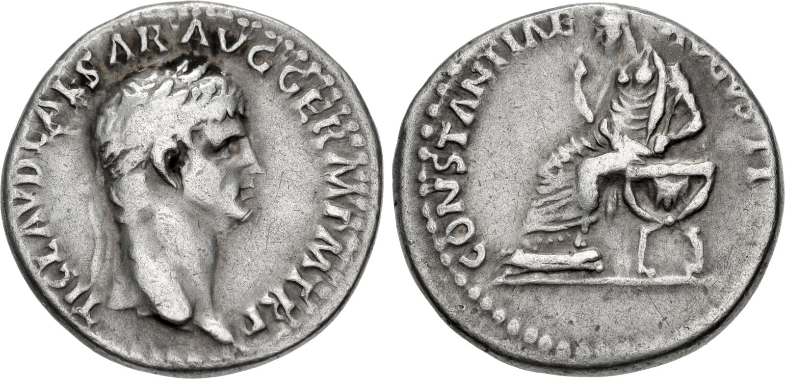 Claudius. AD 41-54. AR Denarius (18mm, 3.78 g, 3h). Lugdunum (Lyon ...