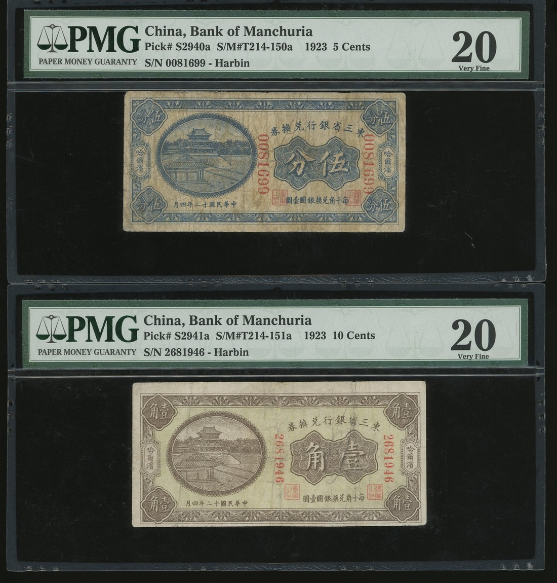 Bank of Manchuria, a group of 3x notes, consists of 5 cents, 10 cents ...