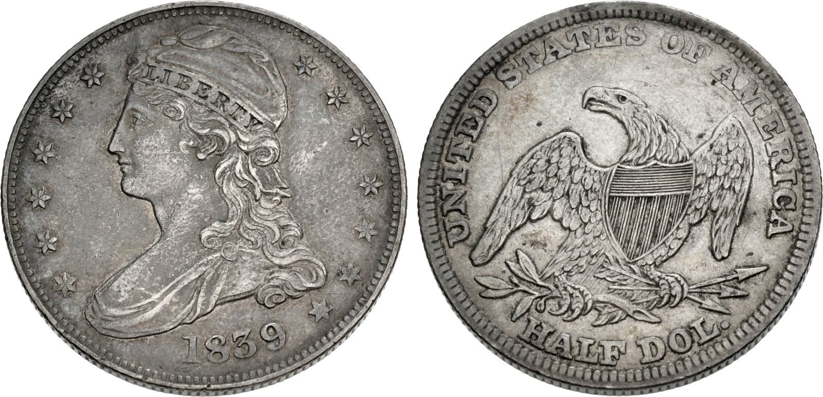 1839 Reeded Edge Half Dollar. Large Letters. GR-5. Rarity 2. AU details ...