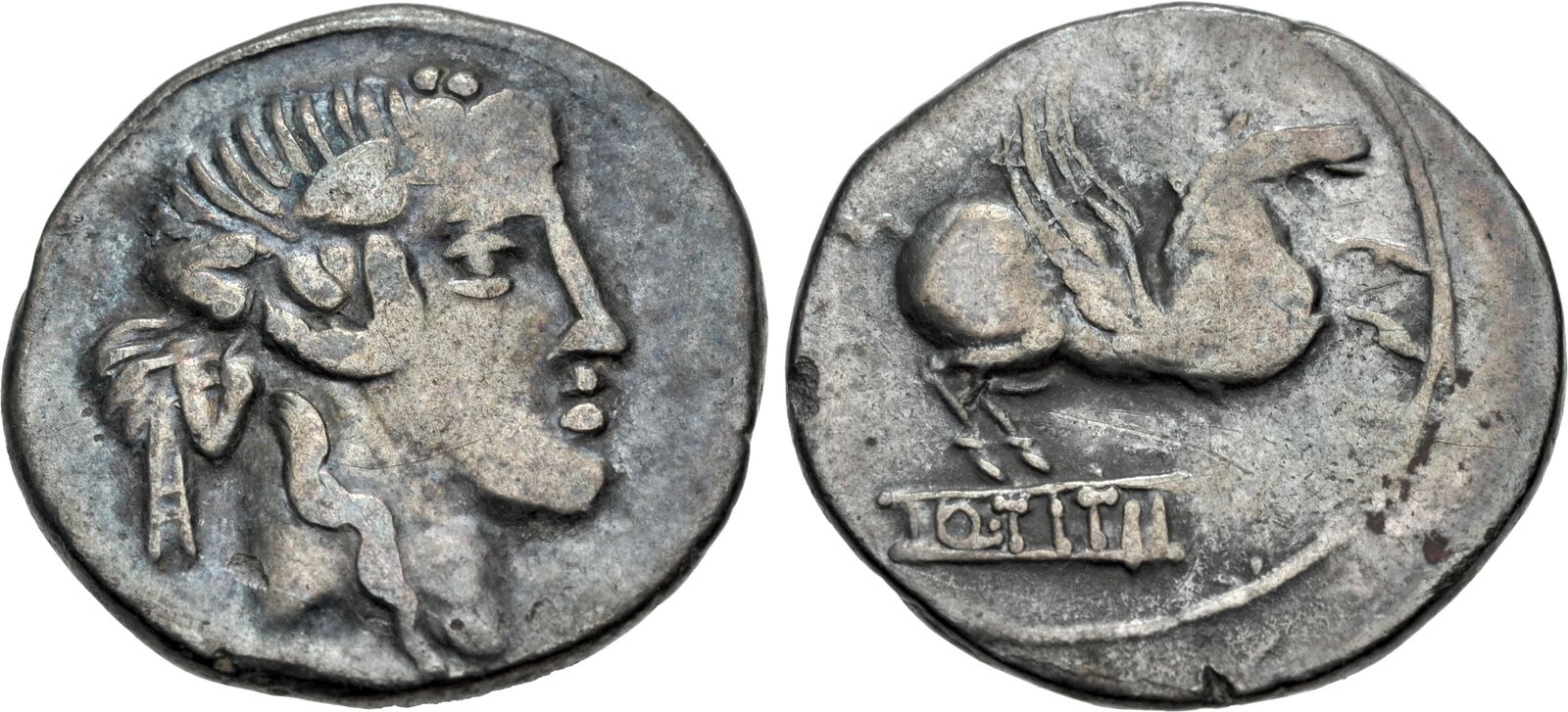 Q. Titius. 90 BC. AR Denarius (18mm, 3.68 g, 6h). Rome mint. Near VF ...