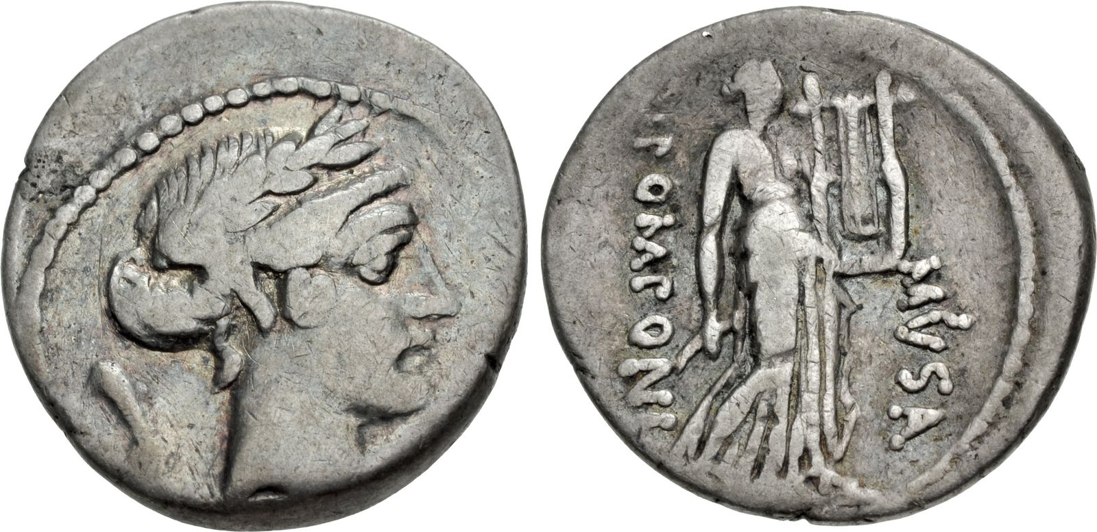 Q. Pomponius Musa. 56 BC. AR Denarius (17mm, 3.68 g, 8h). Rome mint ...