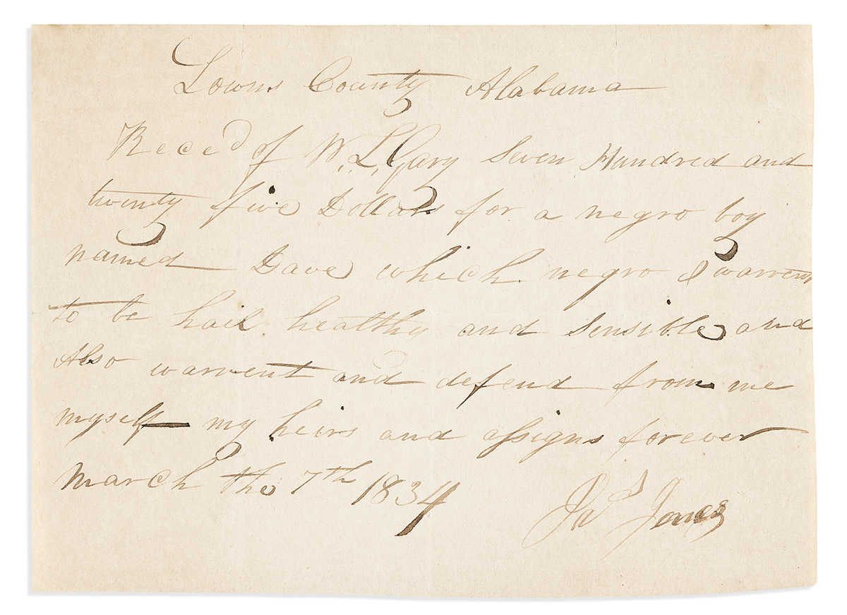 (SLAVERY.) Group of bills of sale for enslaved people in the deep south ...