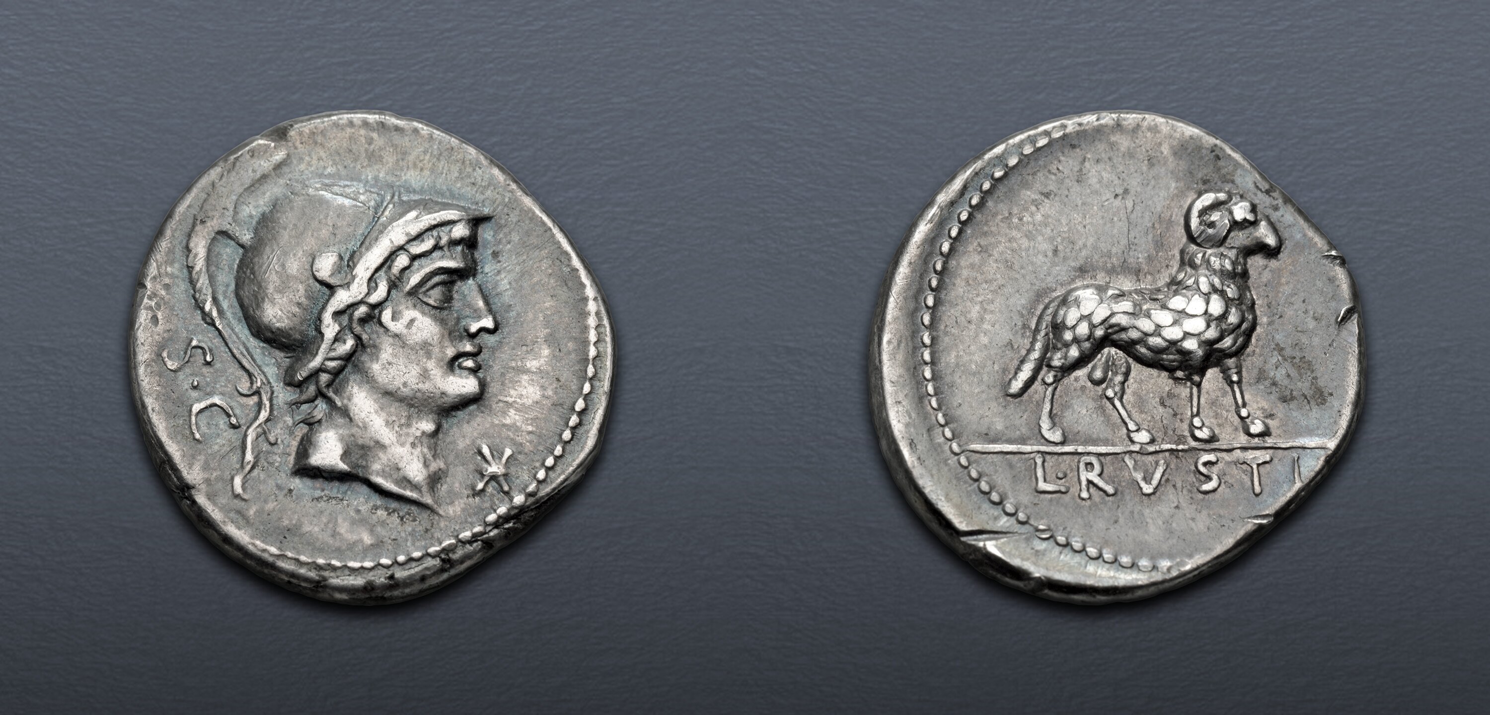 L. Rustius. 74 BC. AR Denarius (18.5mm, 3.97 g, 6h). Rome mint. VF ...