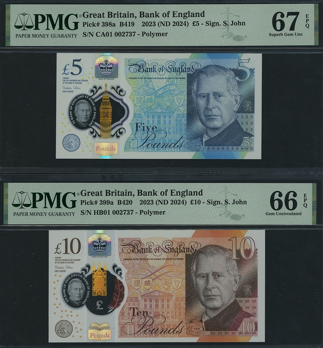 Bank of England, Sarah John, a complete set of £5, £10, £20 and £50 ...