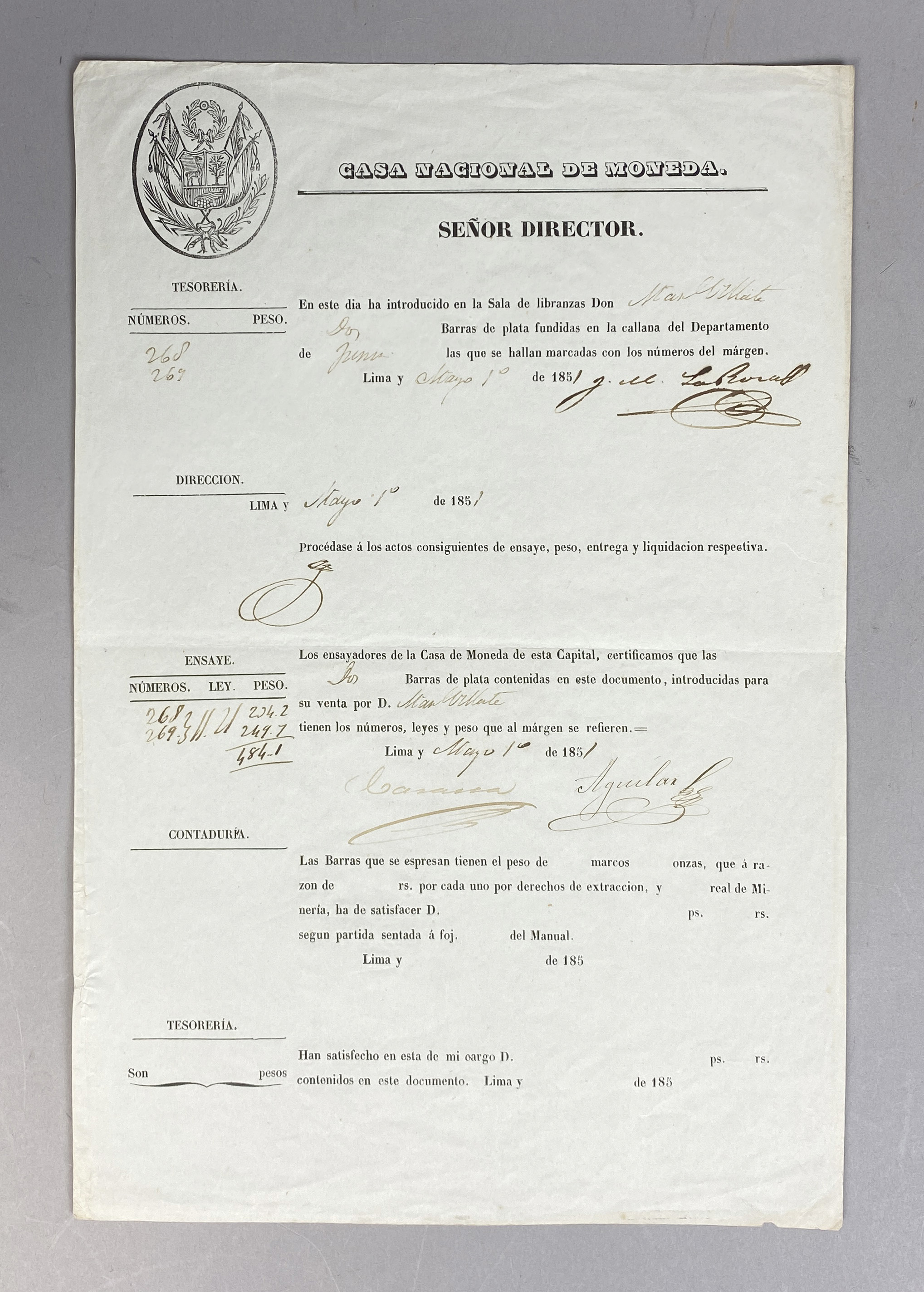 PERU. Certificate of deposit from the Lima mint, dated 10 May 1851. For ...