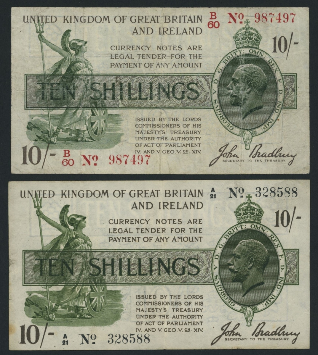 Treasury Series, John Bradbury, [2 notes] 10 Shillings, ND (1918 ...