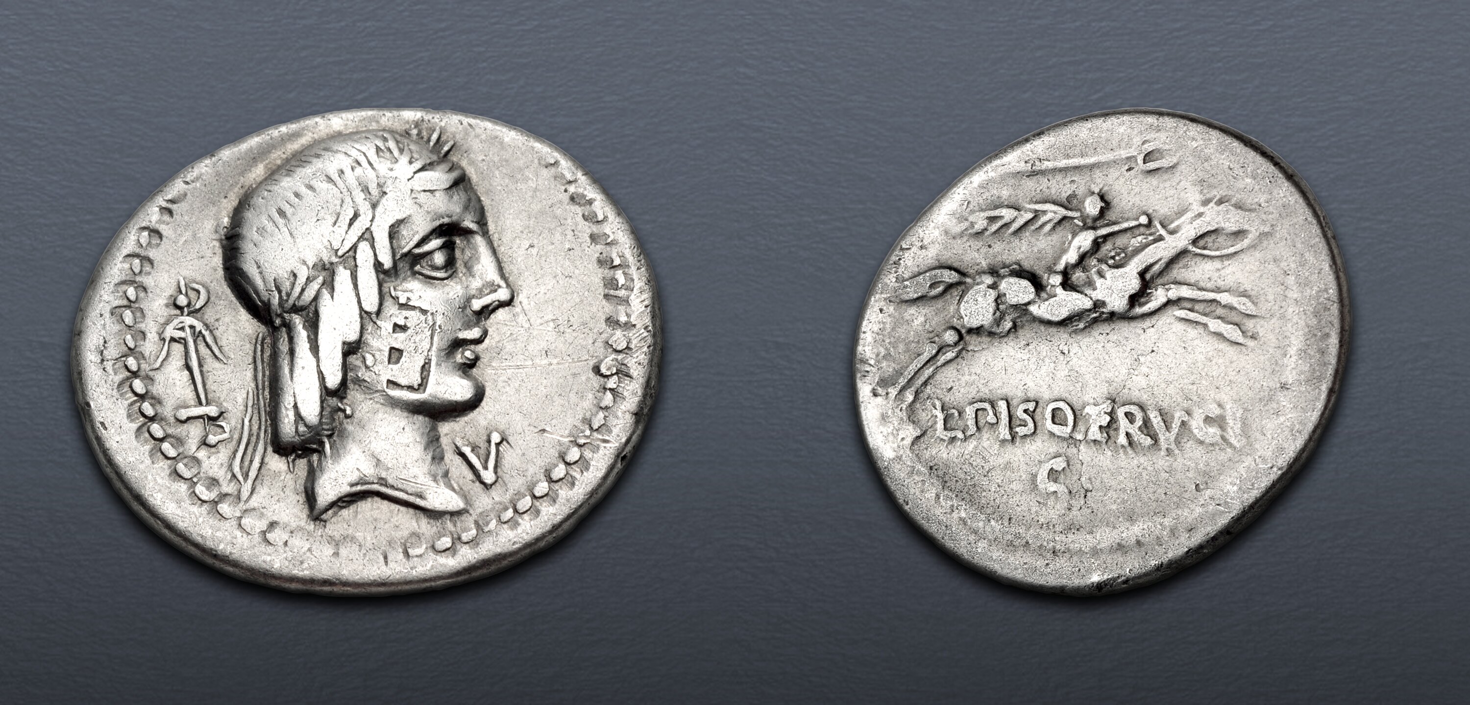 L. Calpurnius Piso Frugi. 90 BC. AR Denarius (19mm, 3.77 g, 12h). Rome ...