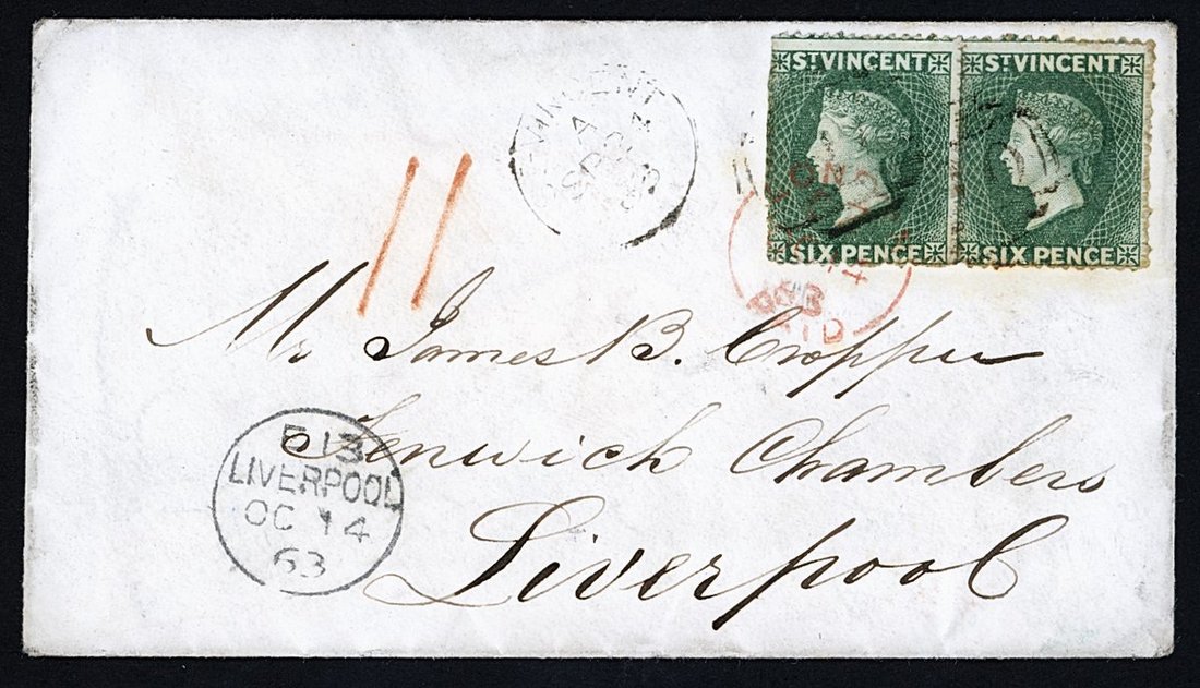 St. Vincent The Perkins Bacon Issues Covers 1863 (24 Sept.) double rate ...