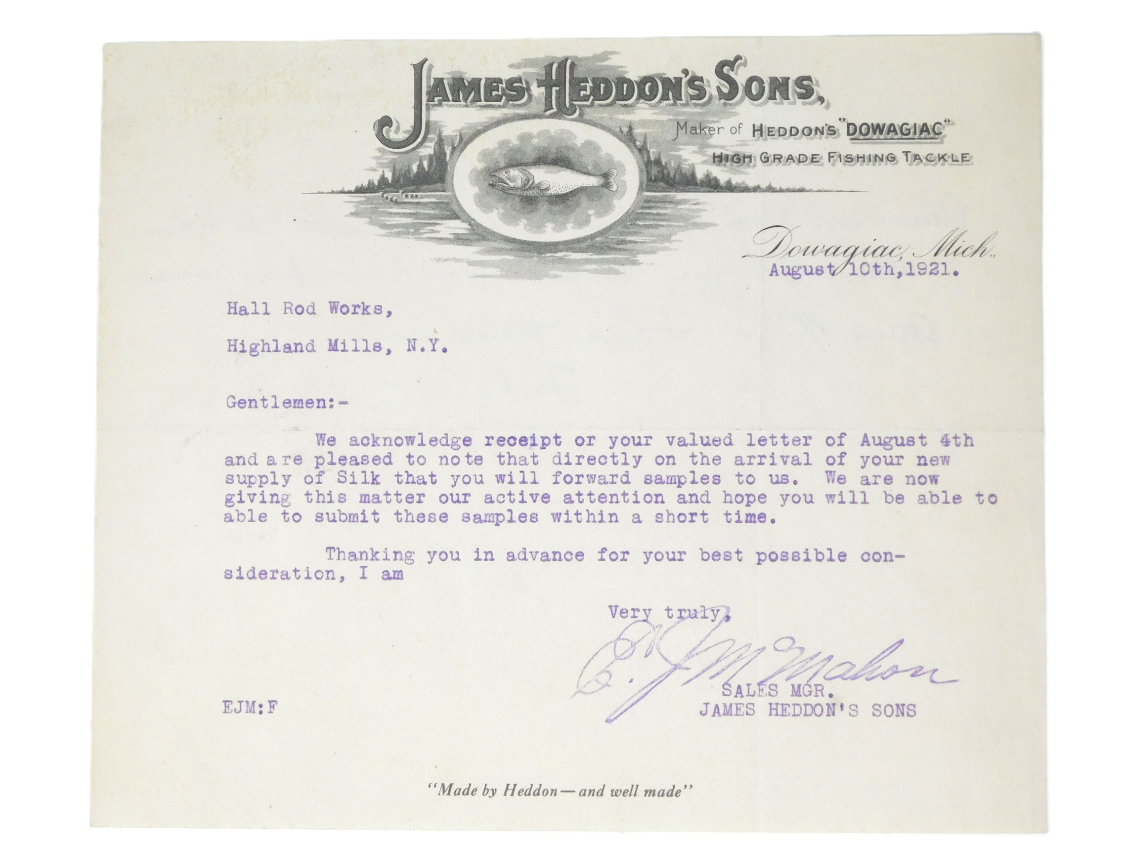 1921 James Heddon's Sons Letter | The Angling Marketplace