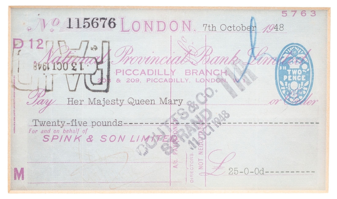 NATIONAL PROVINCIAL BANK CHEQUE, PAYEE HER MAJESTY QUEEN MARY | Spink