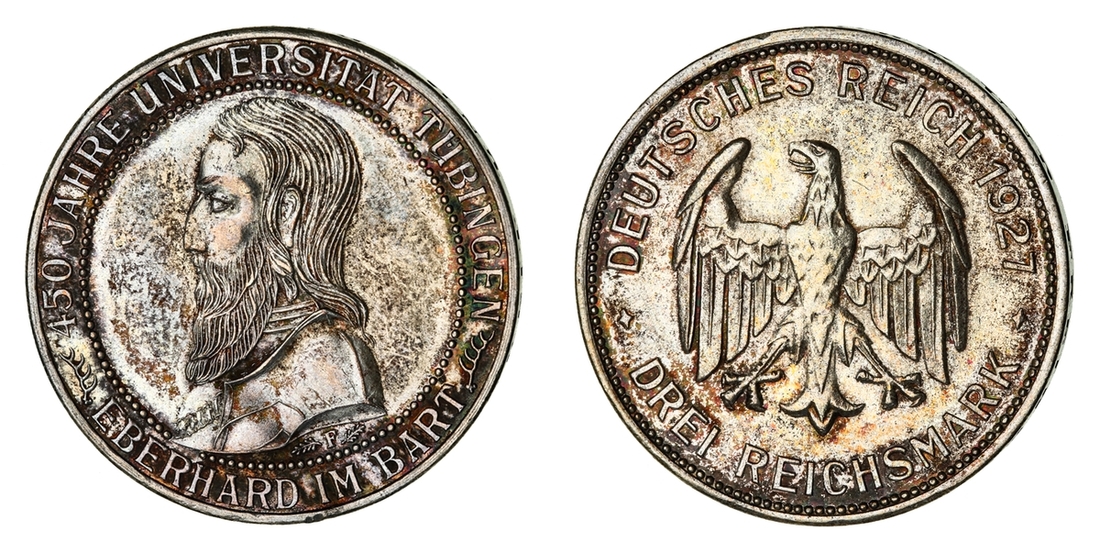 Germany, Weimar Republic (1918-1933), Silver 3-Marks, 1927 F, Stuttgart ...