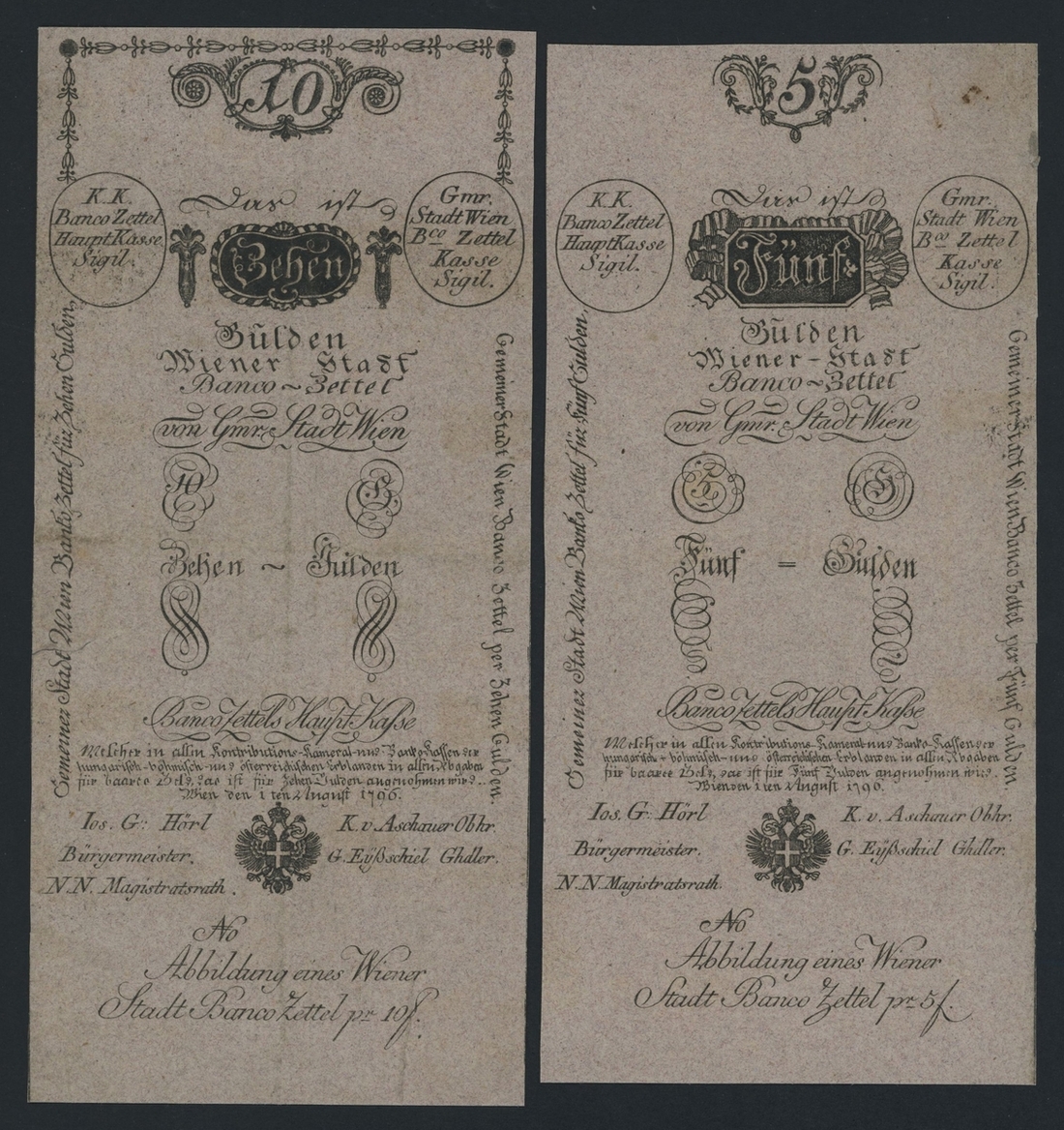 [2 notes] Wiener Stadt-Banco, Austria, 5 Gulden, 10 Gulden, 1st August ...