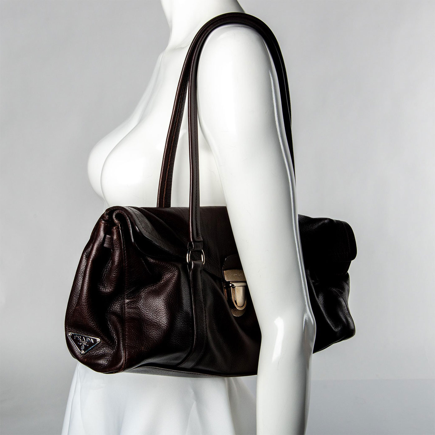 PRADA Brown Leather Push lock Bauletto Shoulder Bag | Lion PRADA Brown Leather Push lock Bauletto Shoulder Bag | Lion
