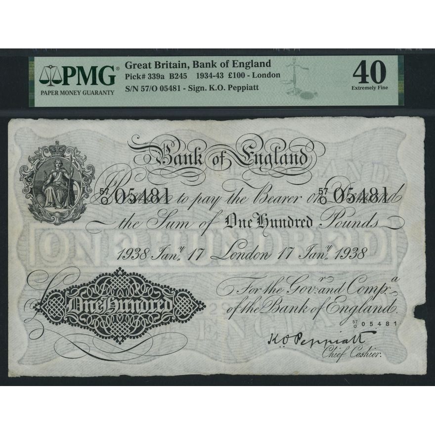 Bank of England, Kenneth Oswald Peppiatt, £100, London, 17th January ...