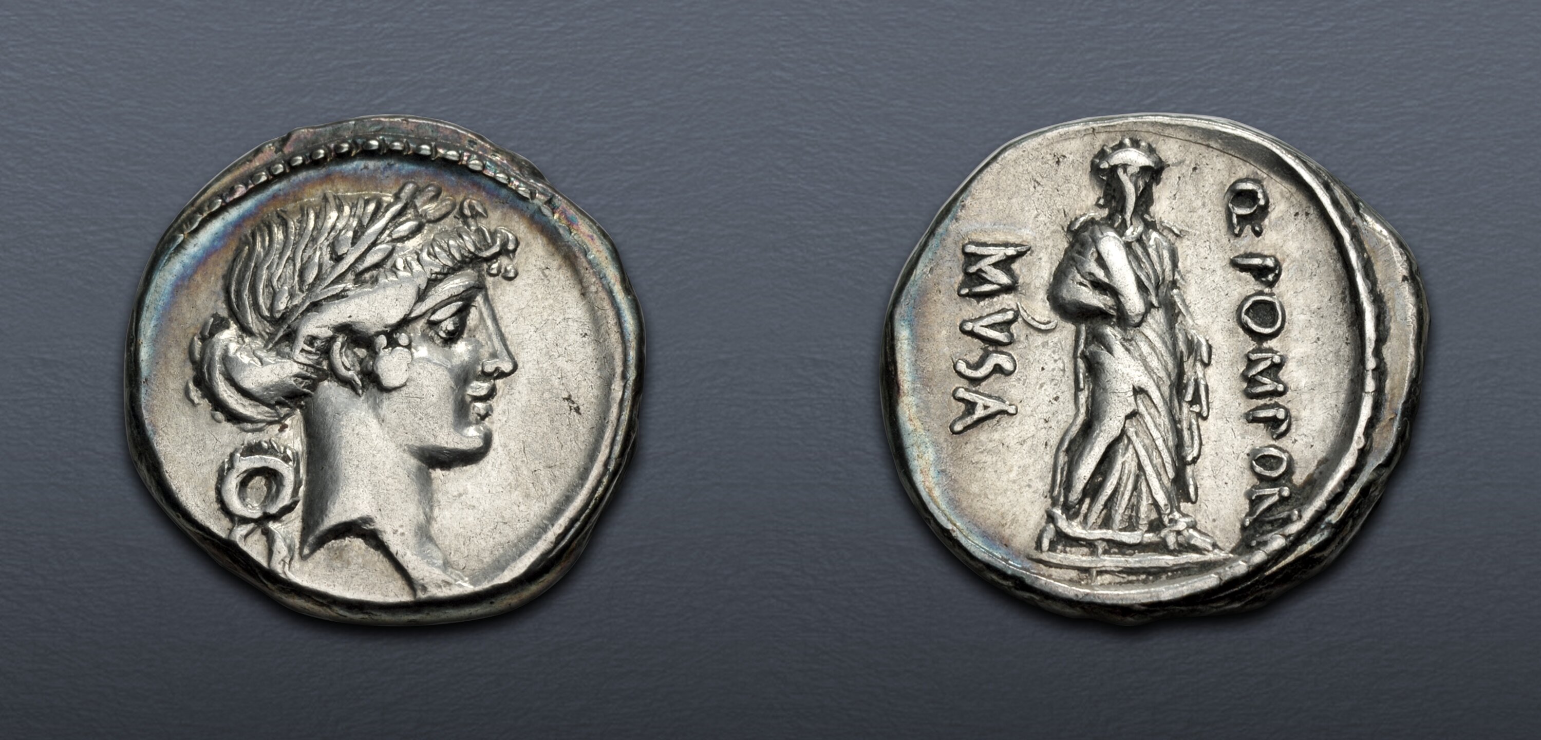 Q. Pomponius Musa. 56 BC. AR Denarius (17mm, 3.95 g, 5h). Rome mint ...