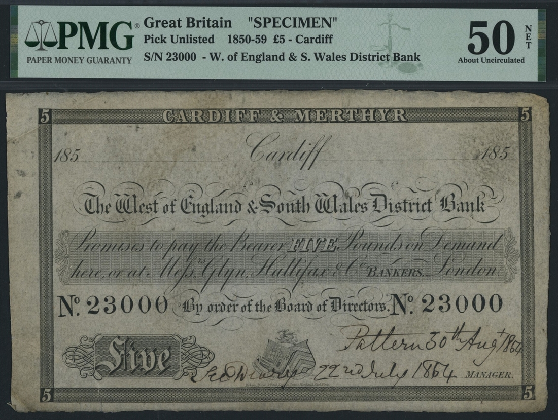 West of England & South Wales District Bank, Great Britain, specimen 5 ...