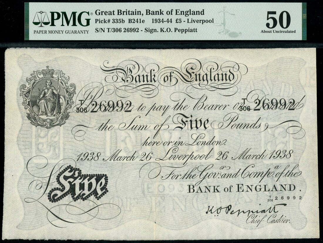 Bank of England, Kenneth Oswald Peppiatt (1934-1949), £5, Liverpool, 26 ...