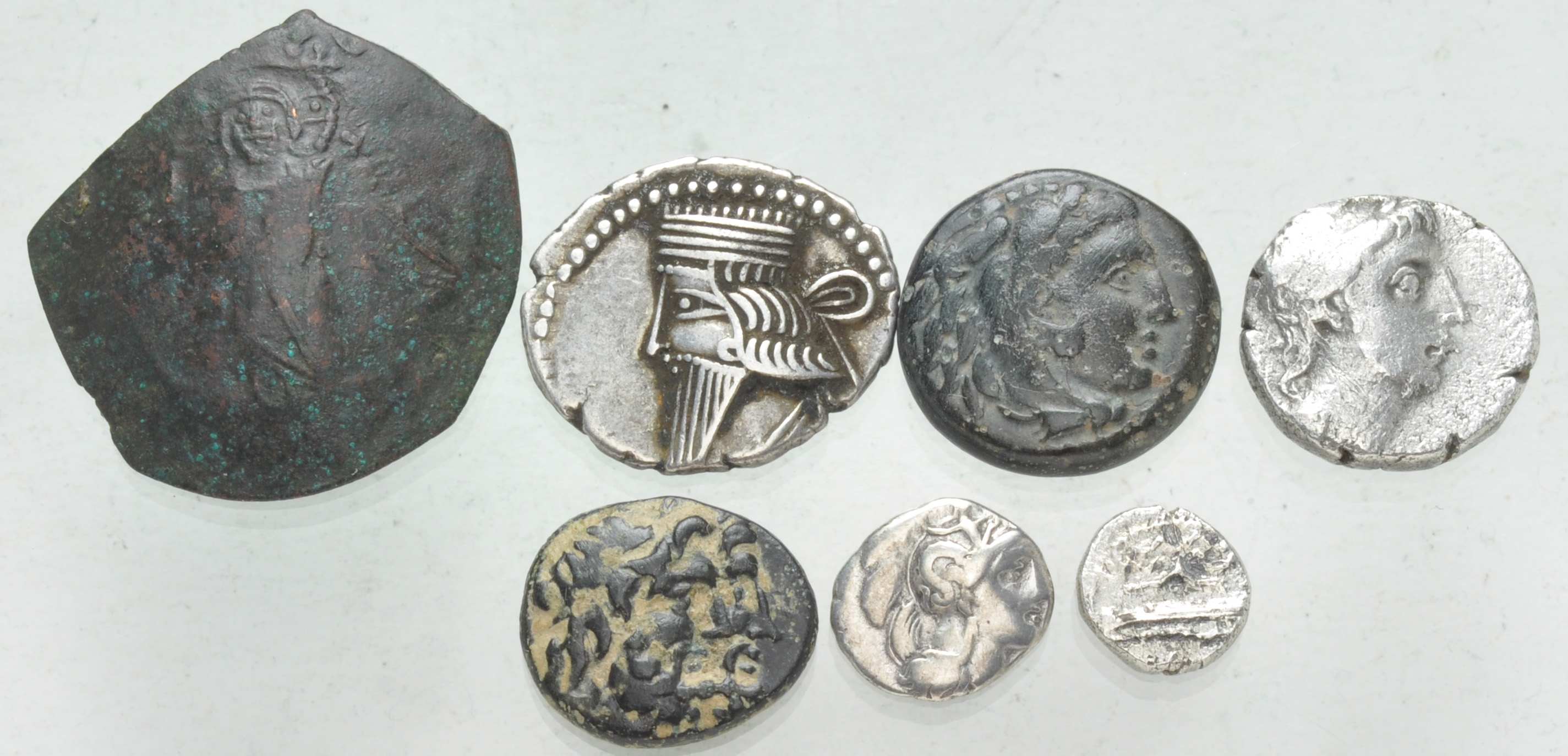 MIXED. Greek - Byzantine. Lot of seven (7) silver, billon, and bronze ...