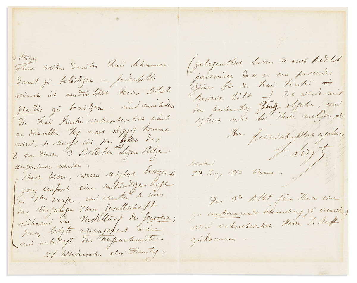 LISZT, FRANZ. Autograph Letter Signed, "F. Liszt," to an unnamed friend ...