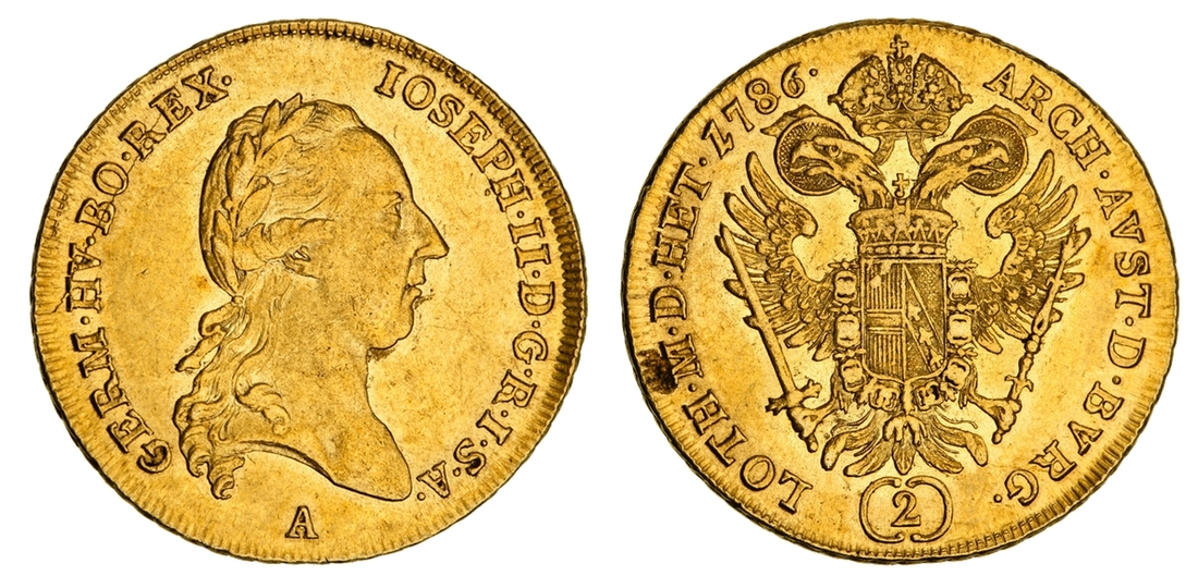 NGC AU58 | Austria, Joseph II (1765-1790), Gold 2-Ducats, 1786 A ...
