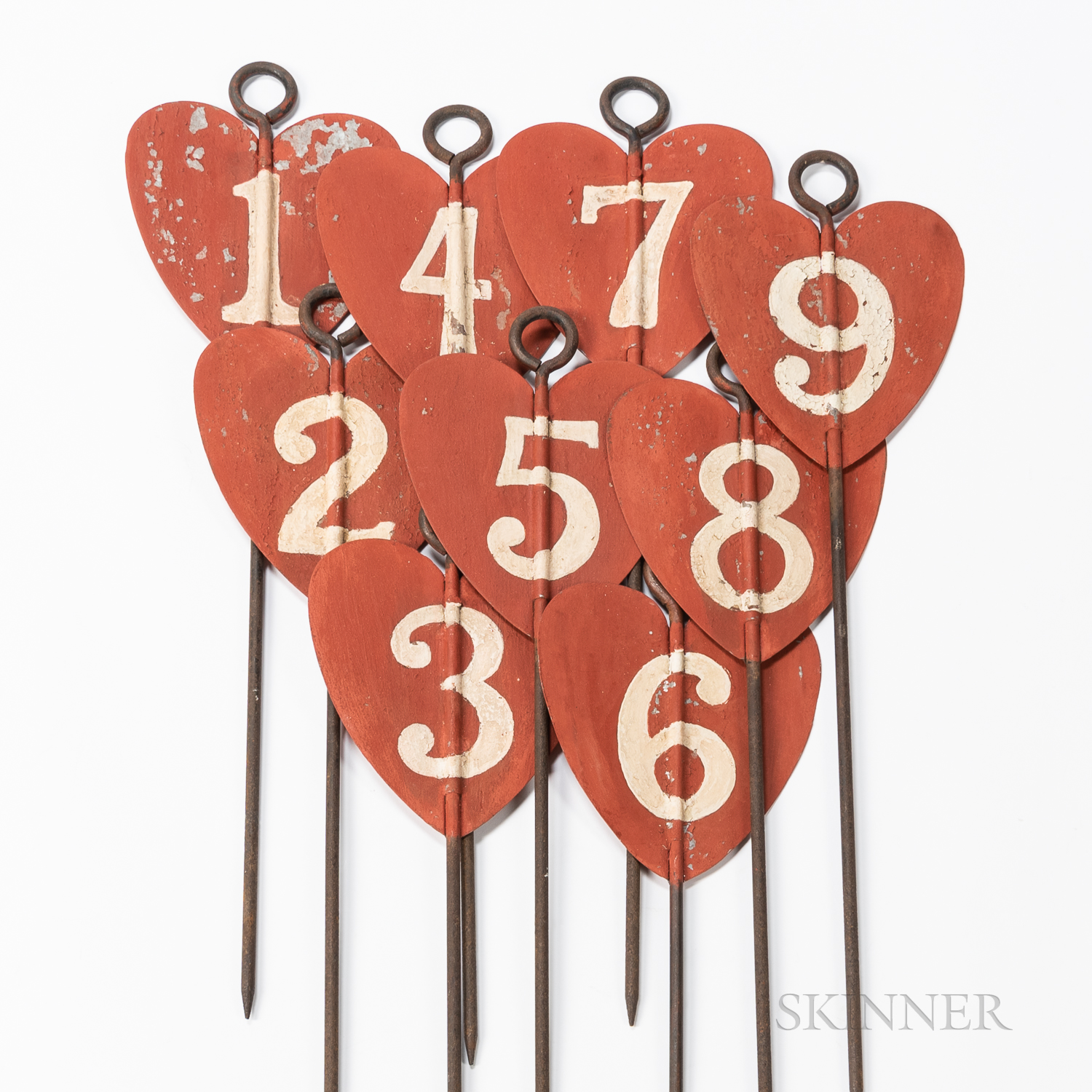 Set of Nine Red-painted Heart-form Markers | Barnebys