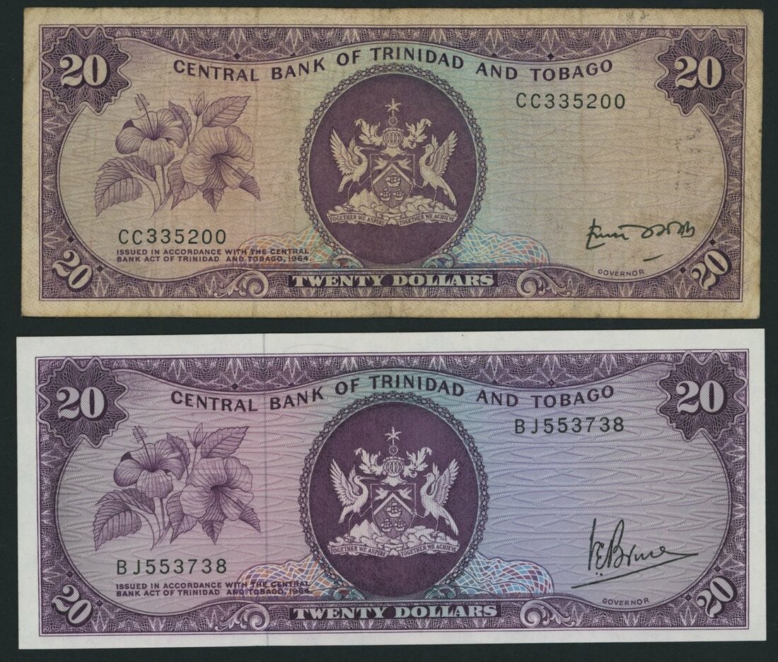 Central Bank of Trinidad & Tobago, [2 notes] 20 Dollars, 1964, serial ...