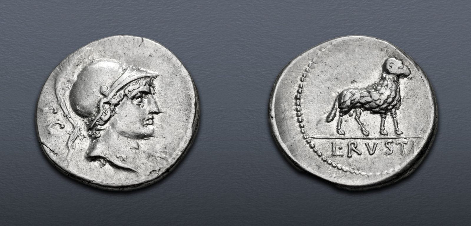 L. Rustius. 74 BC. AR Denarius (20mm, 3.88 g, 6h). Rome mint. Near EF ...