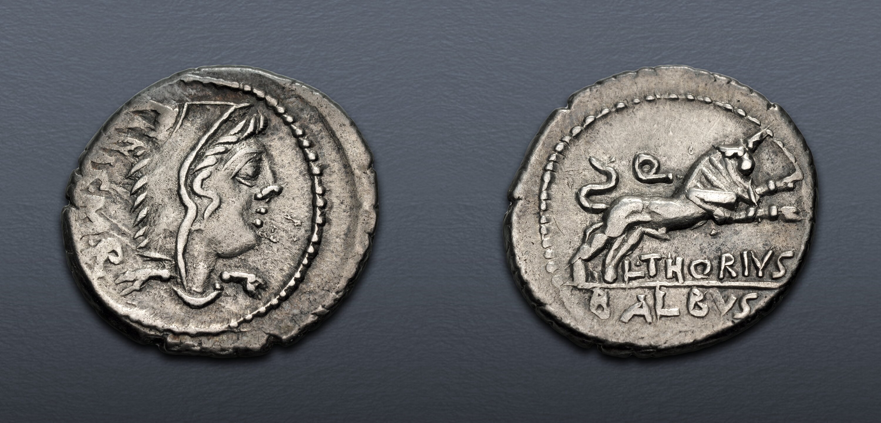 L. Thorius Balbus. 105 BC. AR Denarius (20mm, 3.84 g, 8h). Rome mint ...