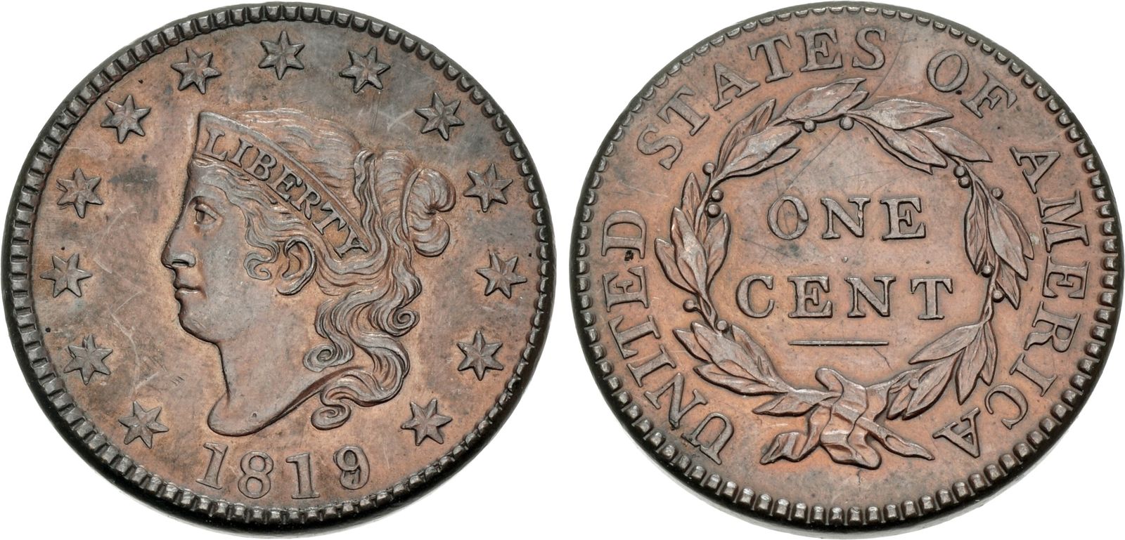 1819/8 Coronet Head Large Cent. N-1. Rarity 1. AU details. | Classical ...