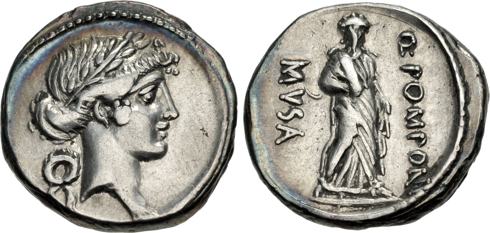 Q. Pomponius Musa. 56 BC. AR Denarius (17mm, 3.95 g, 5h). Rome mint ...