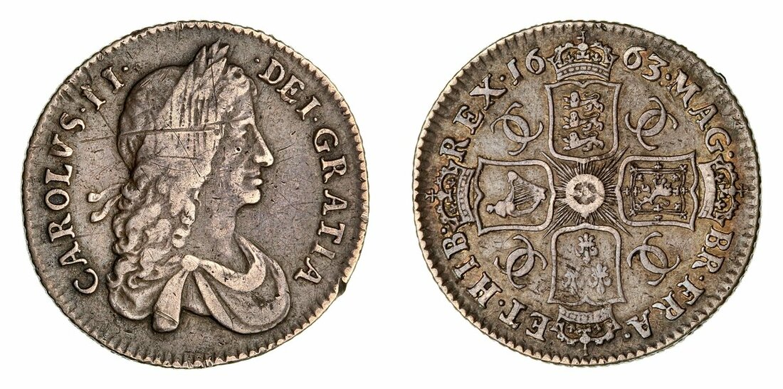 Charles II (1660-1685), Shilling, 1663, first laureate and draped bust ...