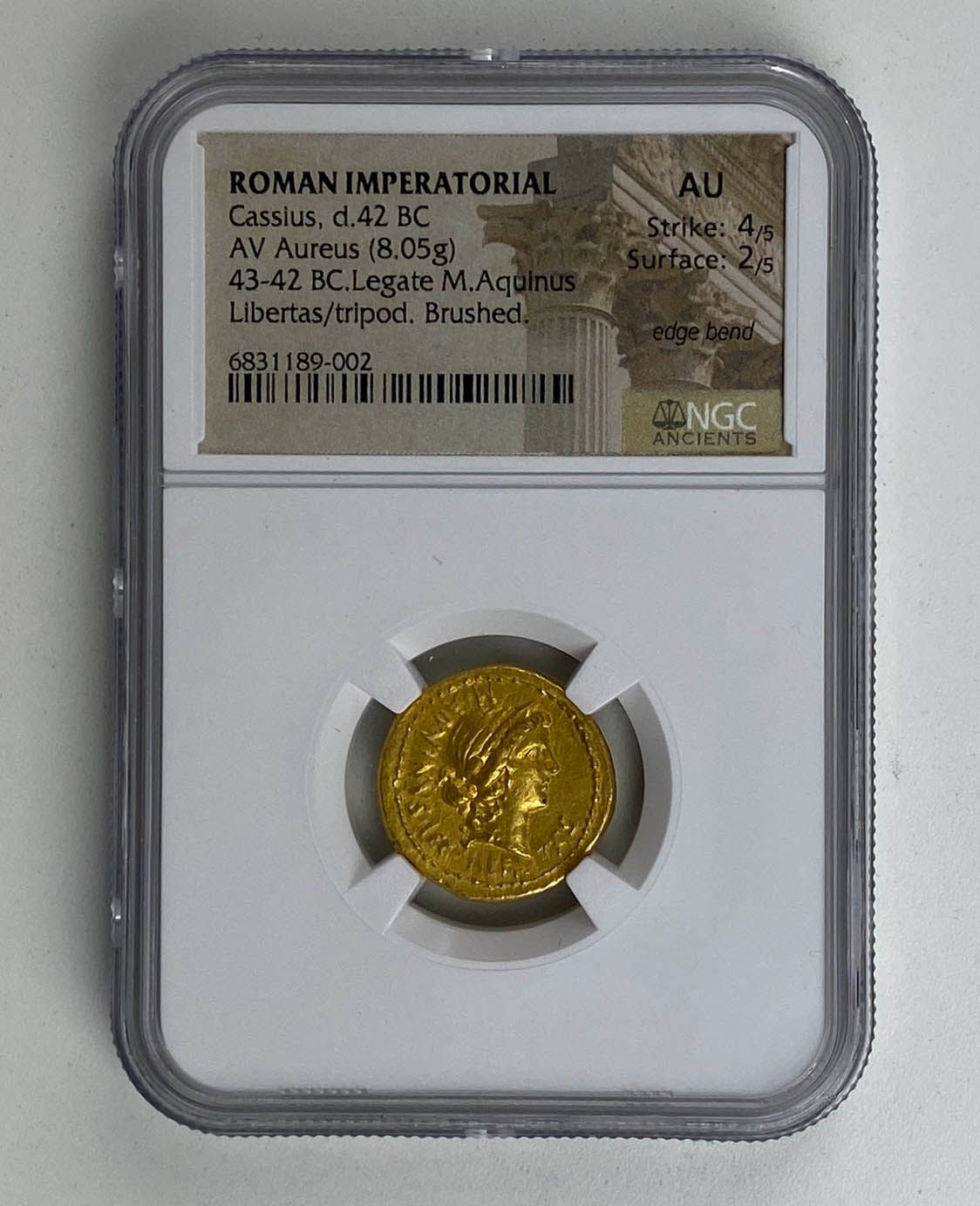 The Republicans. C. Cassius Longinus. Spring 42 BC. AV Aureus (19mm, 8.05 g, 12h). Military mint ...