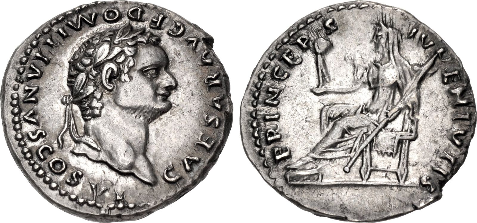 Domitian. As Caesar, AD 69-81. AR Denarius (18mm, 3.06 g, 6h). Rome ...