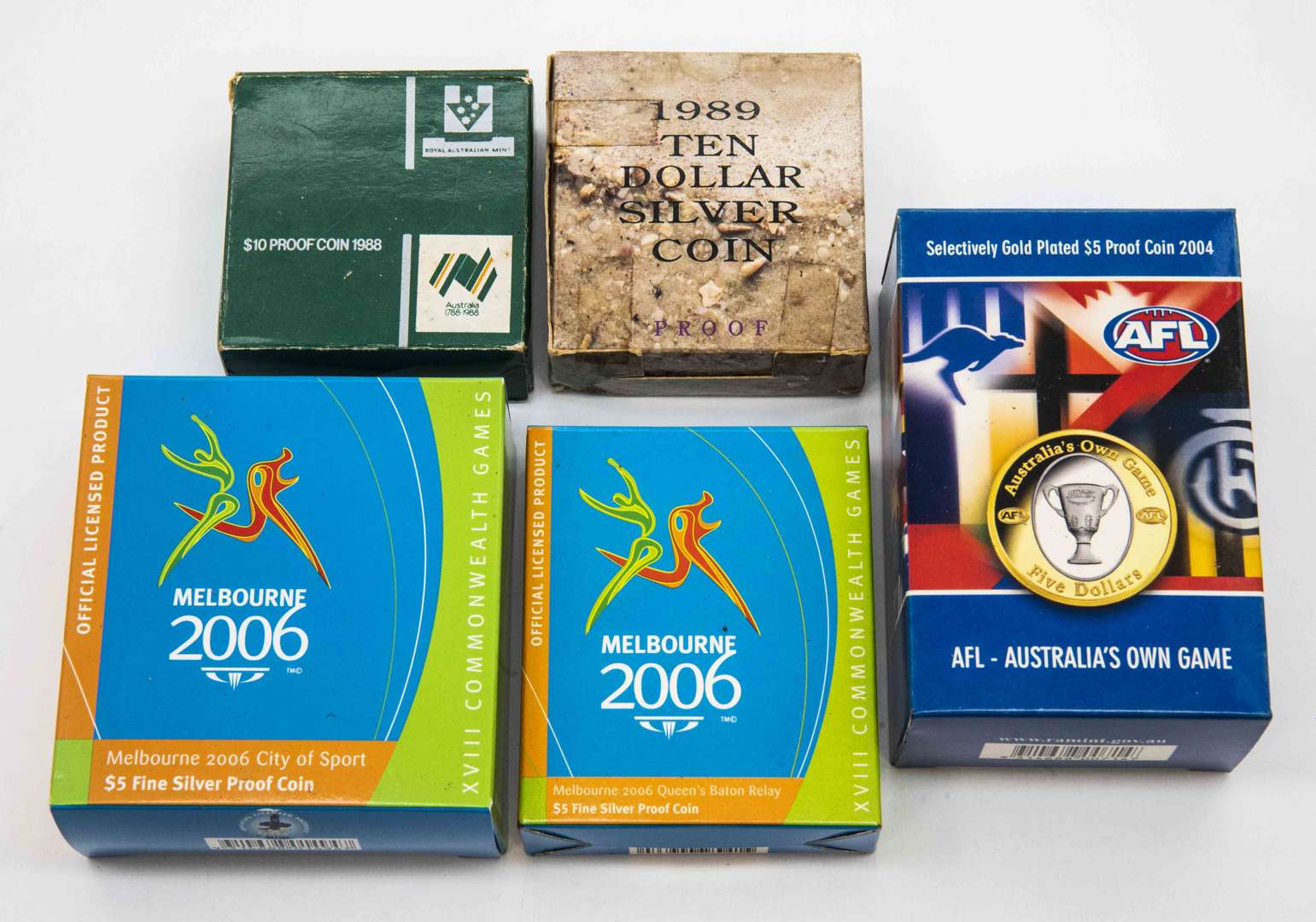 Proof Five Dollars 2004 AFL damp damaged case, 2006 Baton Relay, City ...