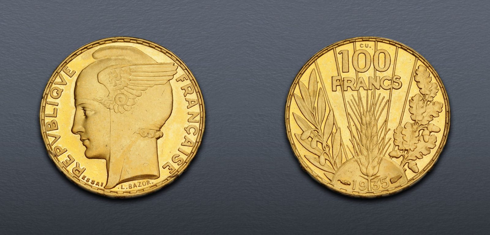 FRANCE, Third Republic. 1870-1940. Gilt CU Essai de 100 Francs (21mm, 3 ...