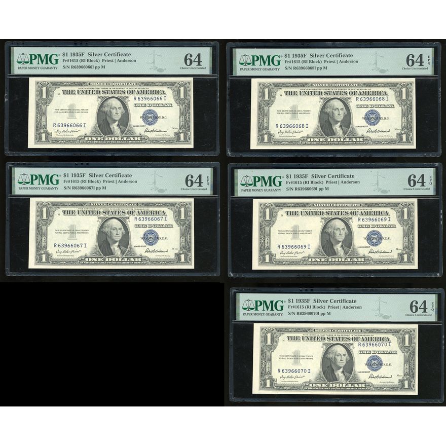 Silver Certificate, USA, a consecutive group of 5x $1, 1935F, serial ...