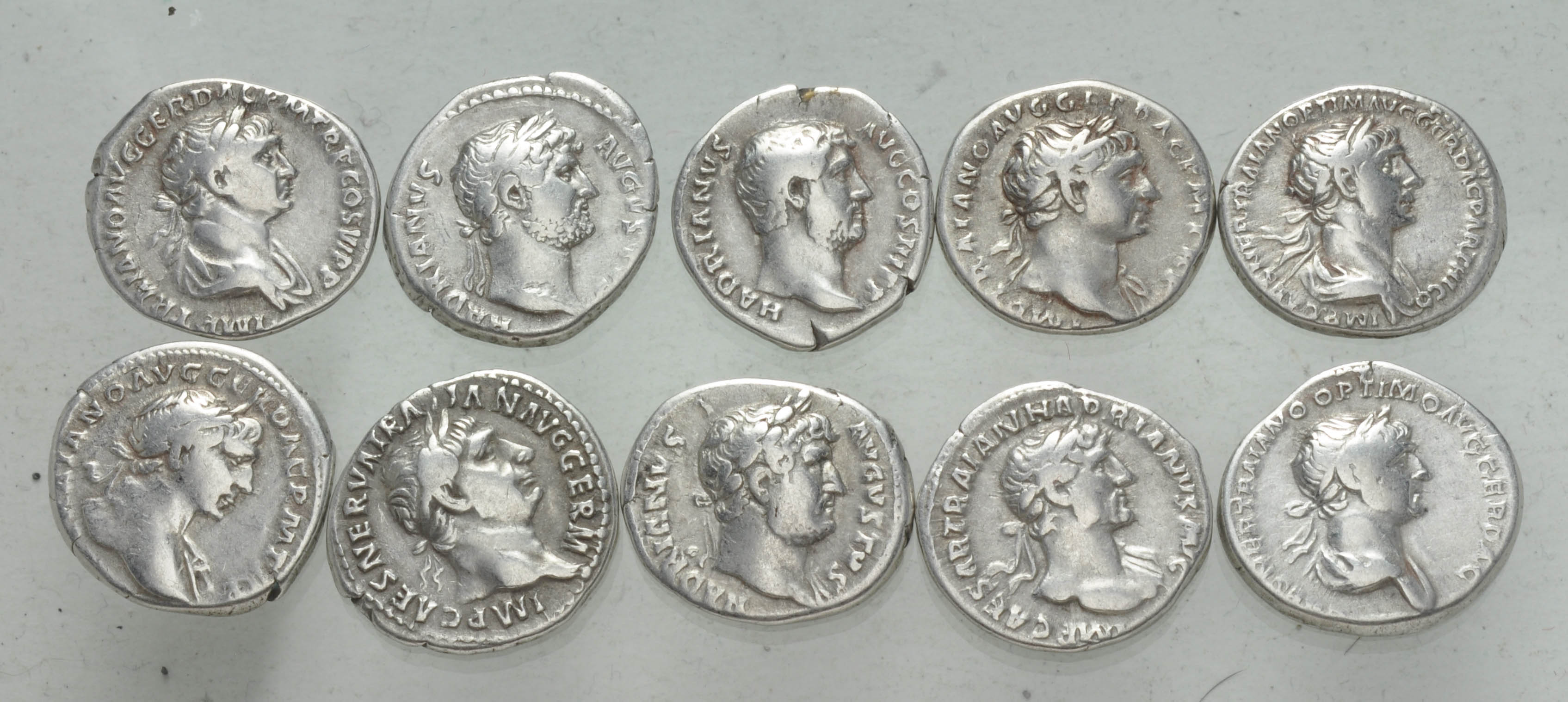 ROMAN. Imperial. Lot of ten (10) AR Denarii of Trajan and Hadrian ...