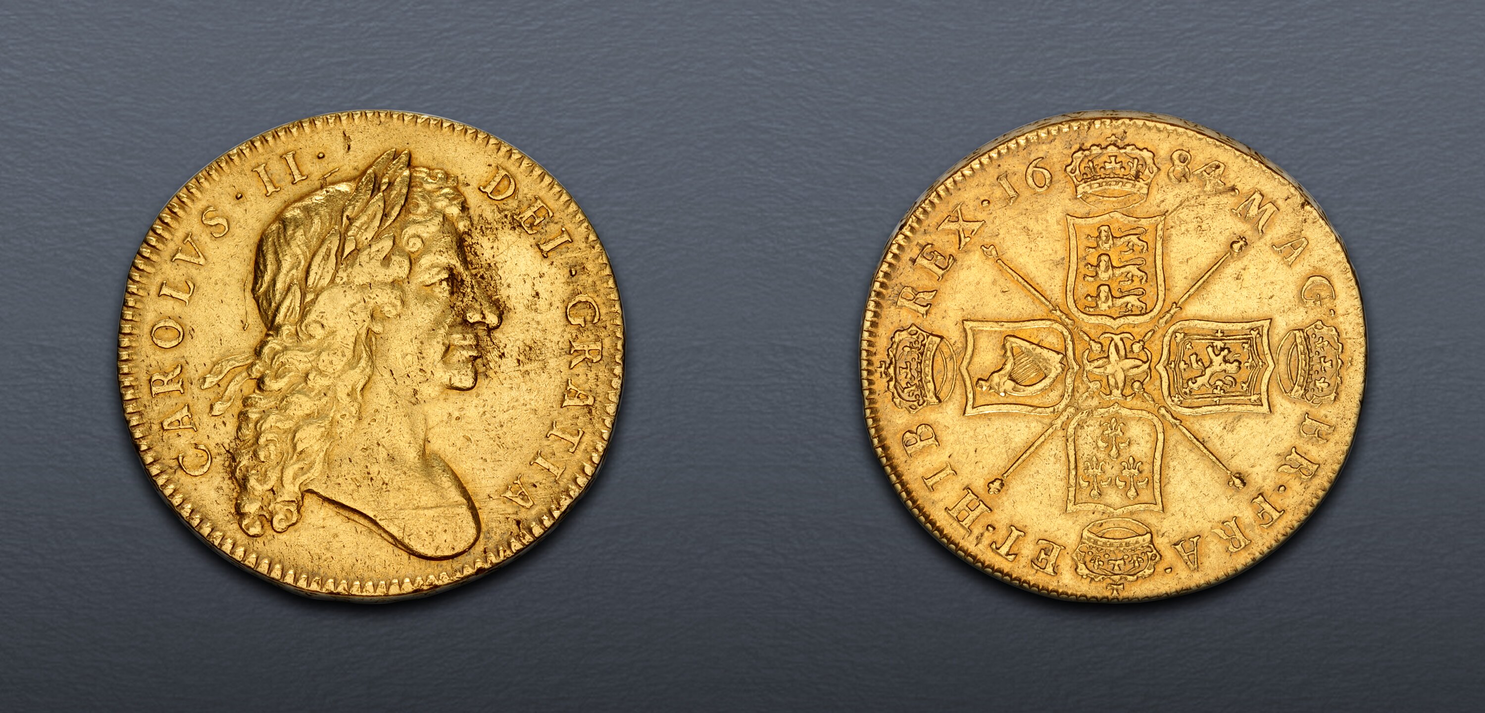 STUART. Charles II. 1660-1685. AV Five Guineas. Dated 1684 and RY T ...