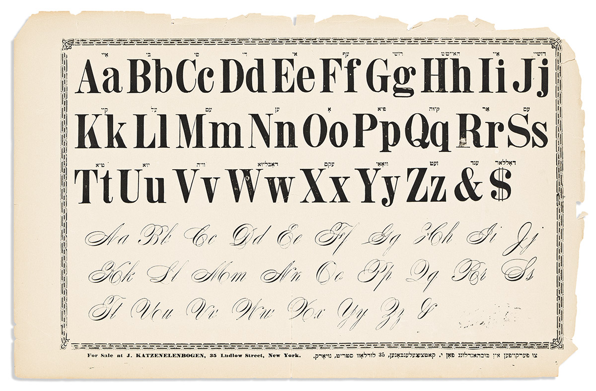 (JUDAICA.) Alphabet broadside with transliterations into Yiddish for ...