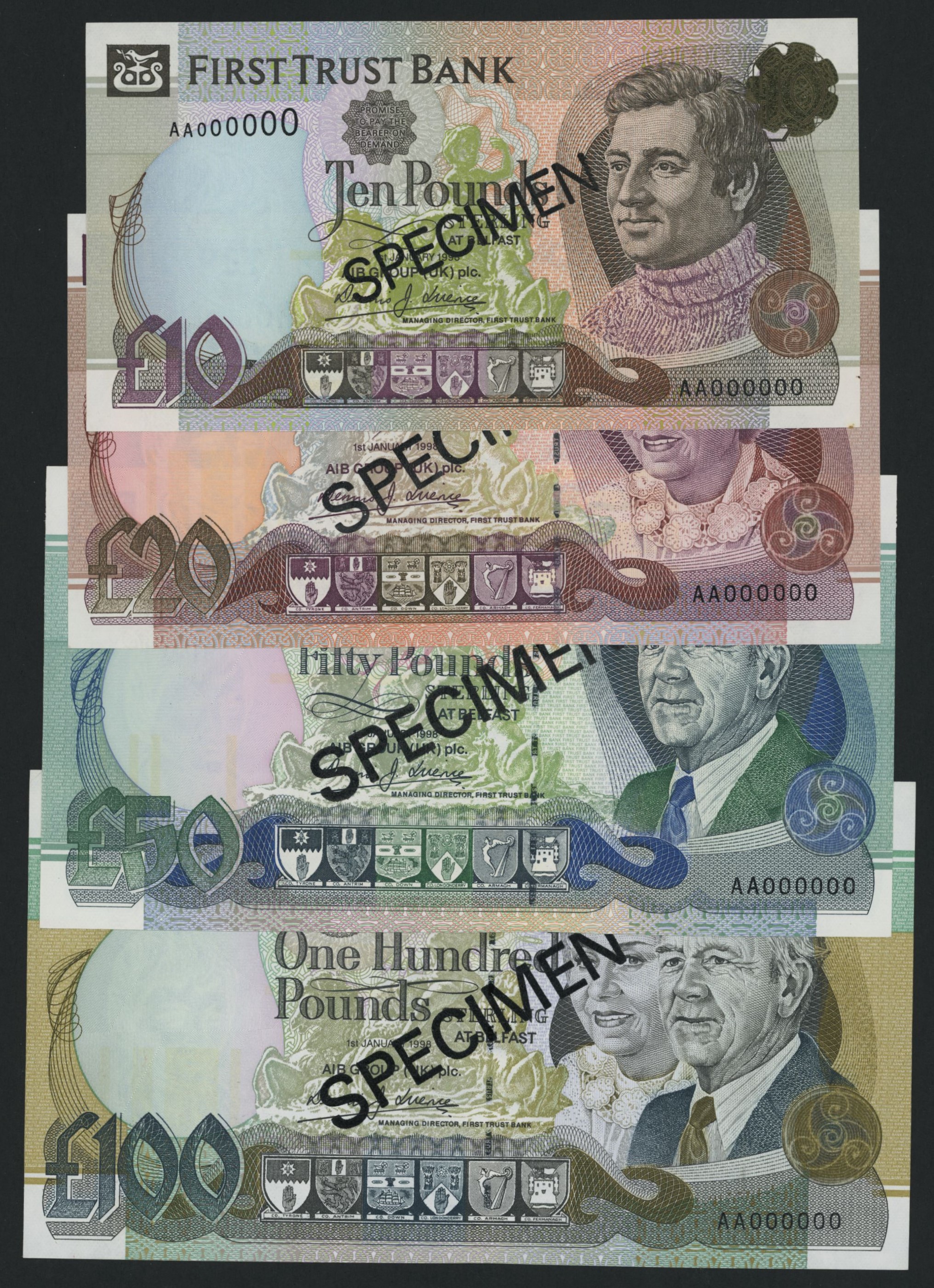 First Trust Bank, [4 notes] specimen £10, £20, £50, £100, Belfast, 1st ...
