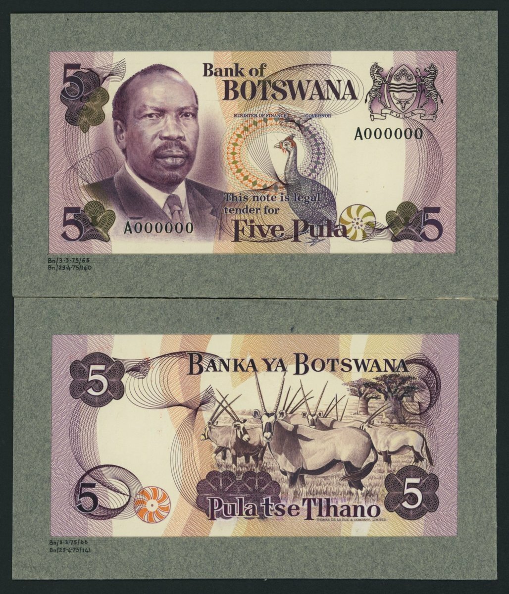 Bank of Botswana, [2 notes] a pair of front and back essays for 5 Pula ...