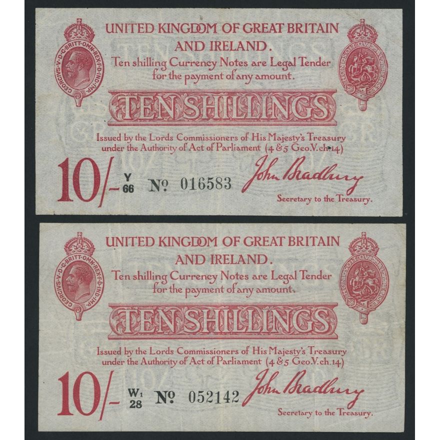 Treasury Series, John Bradbury, [2 notes] 10 Shillings, ND (1914 ...
